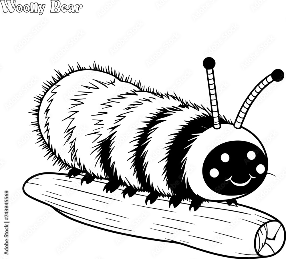 Woolly Bear carton style hand drawn coloring page and outline vector ...