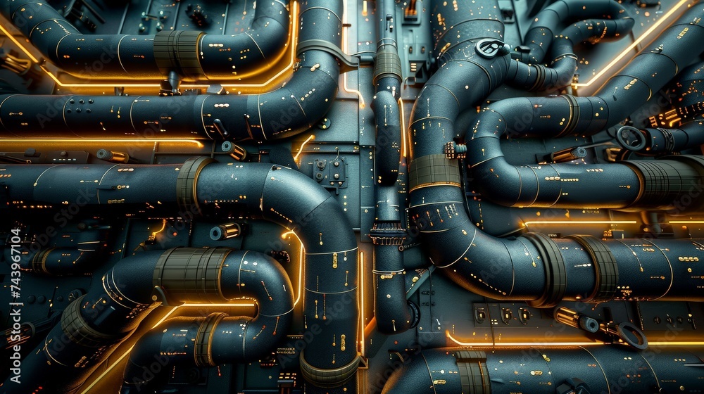 Connected black pipes illuminated by an orange light glow, creating a ...