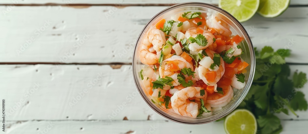Ecuadorian shrimp ceviche a traditional appetizer On a white wooden ...