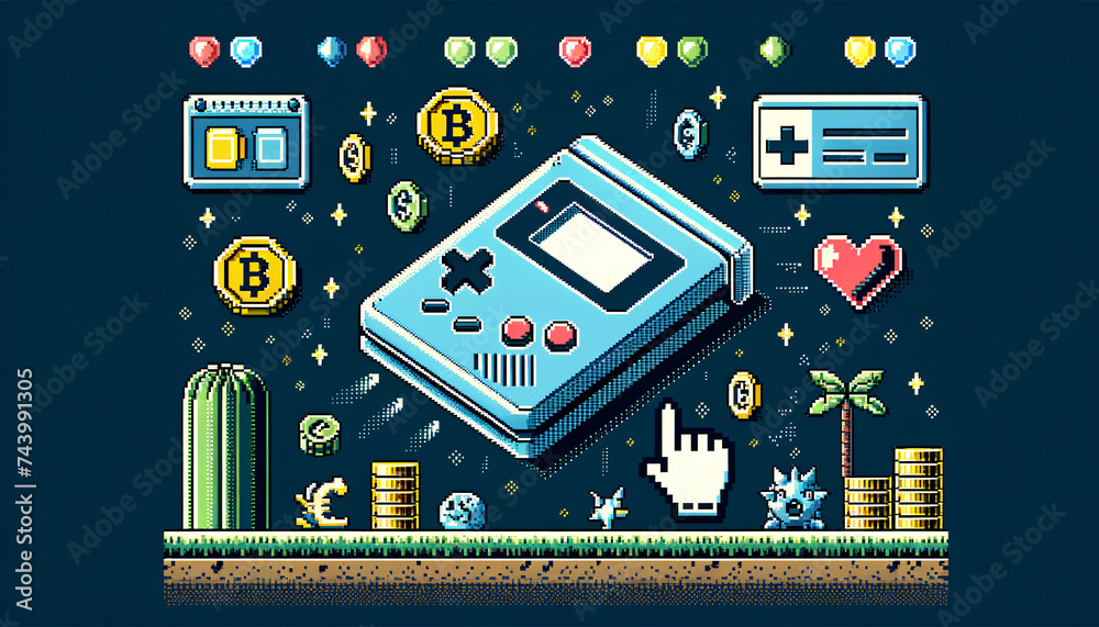 Nostalgic pixel art-style digital wallet with retro video game elements ...