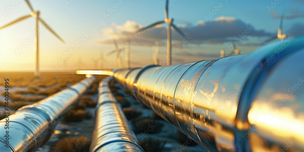 Outdoor Hydrogen Pipeline and Wind Turbines in background. Close-up of ...