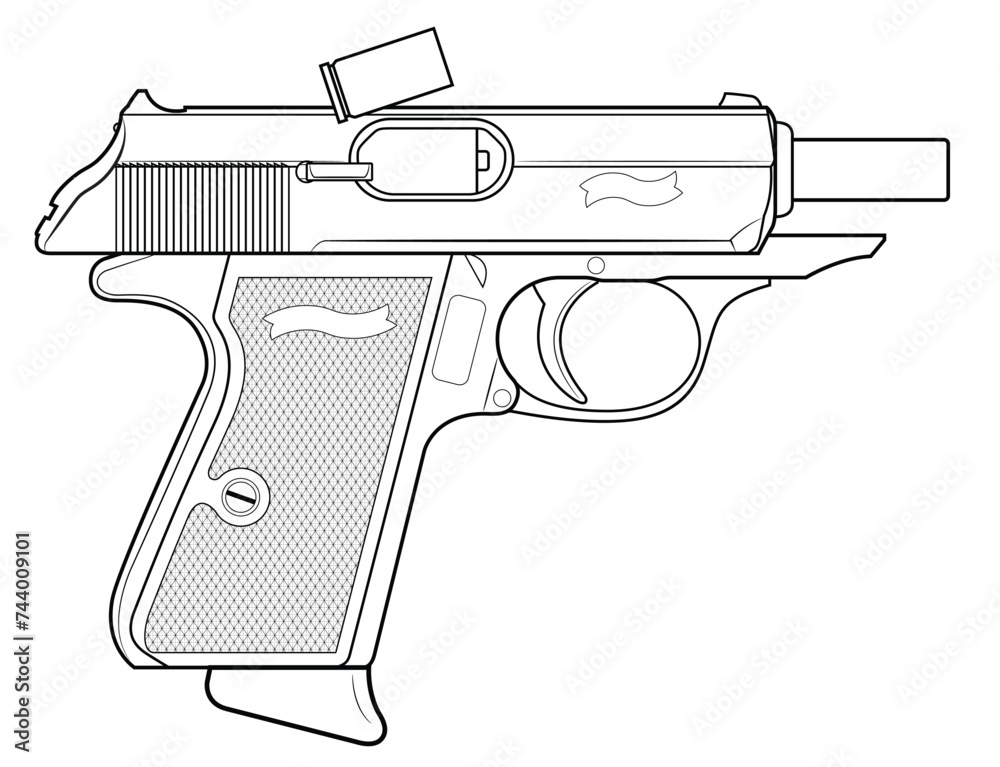 Vector illustration of the automatic pistol with the breech in the rear ...