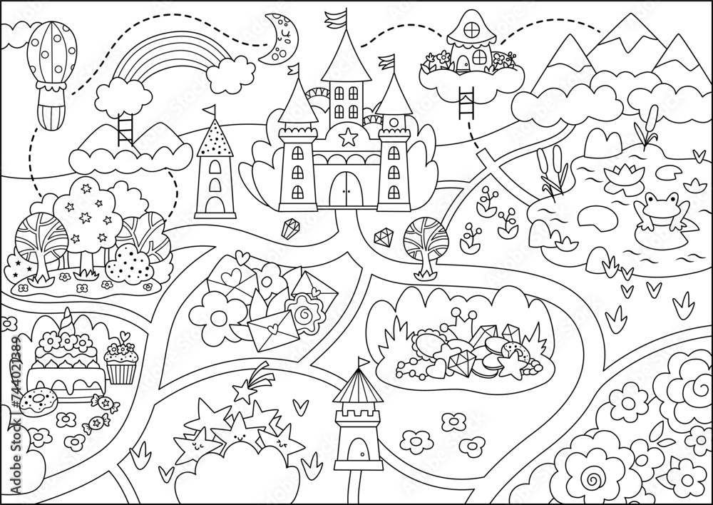 Unicorn black and white village map. Fairytale line background. Vector ...