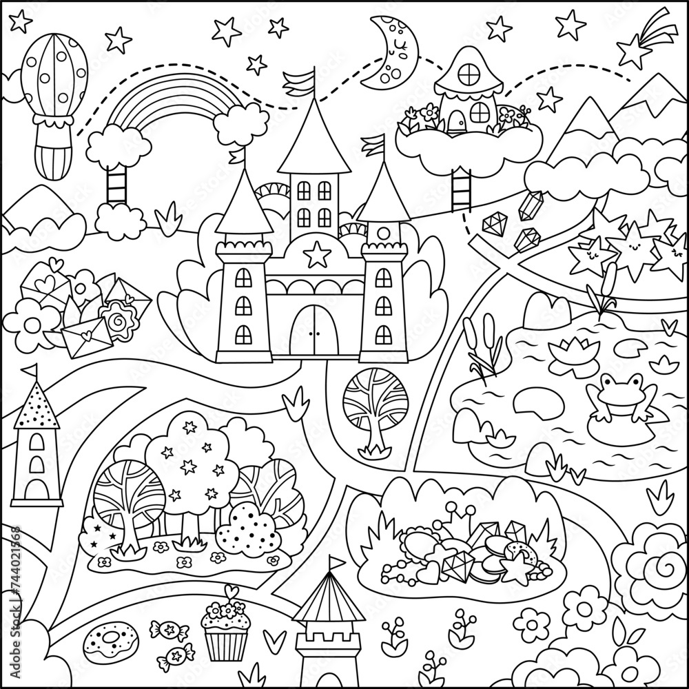 Image vectorielle Stock Unicorn black and white village map. Fairytale ...