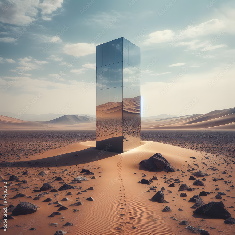 mirror monolith standing in the desert sunset time cloud, rectangle ...