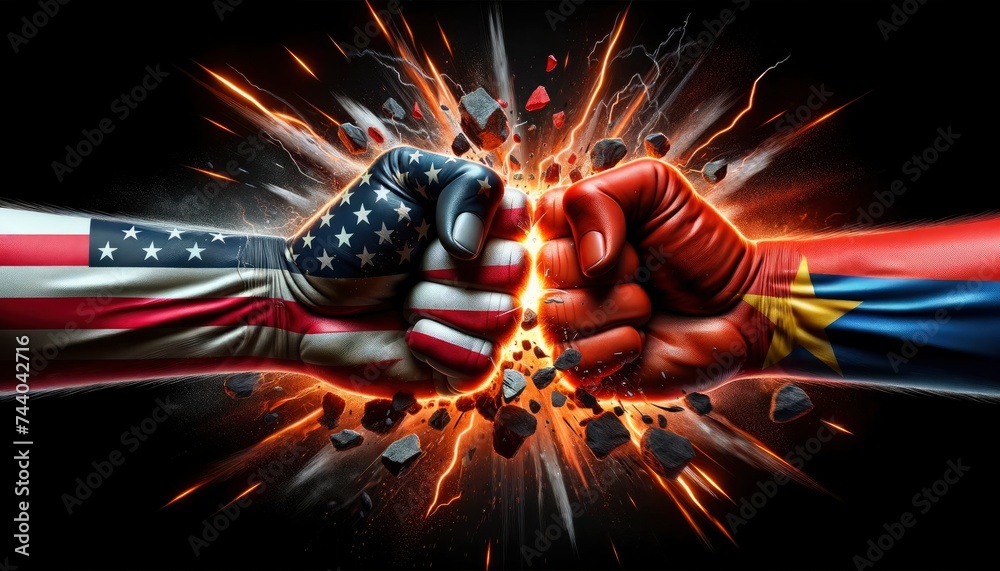Two fists, wrapped with a different country's flag, colliding with ...