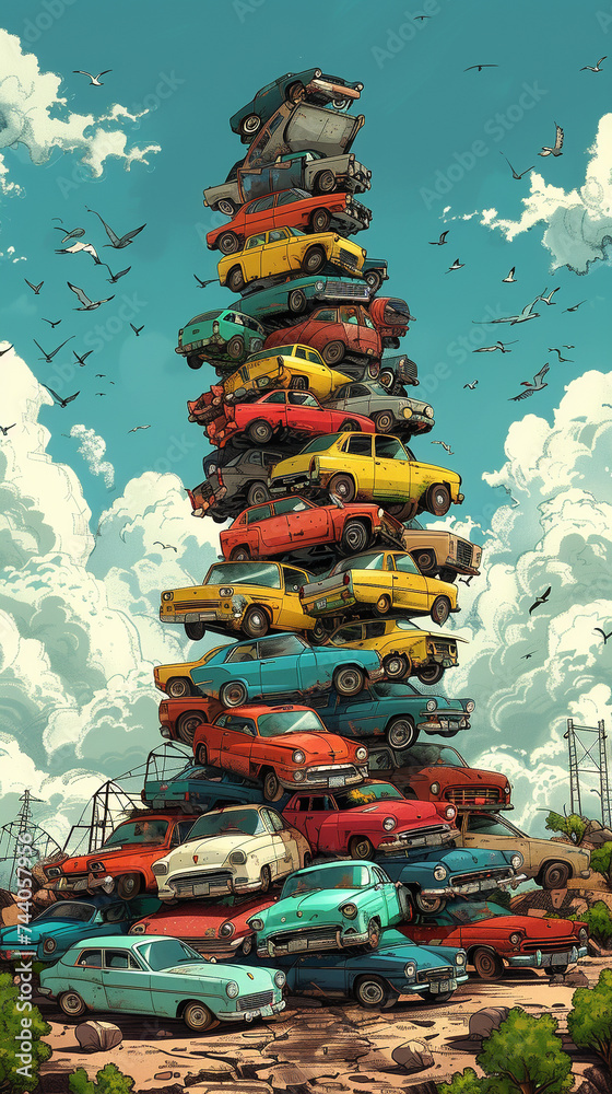 Cartoon cars in a playful heap each layer a different color and ...