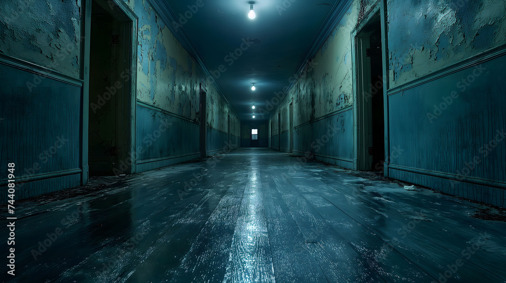 The dark corridor of an abandoned hotel, Deserted Passage in Dimly Lit ...