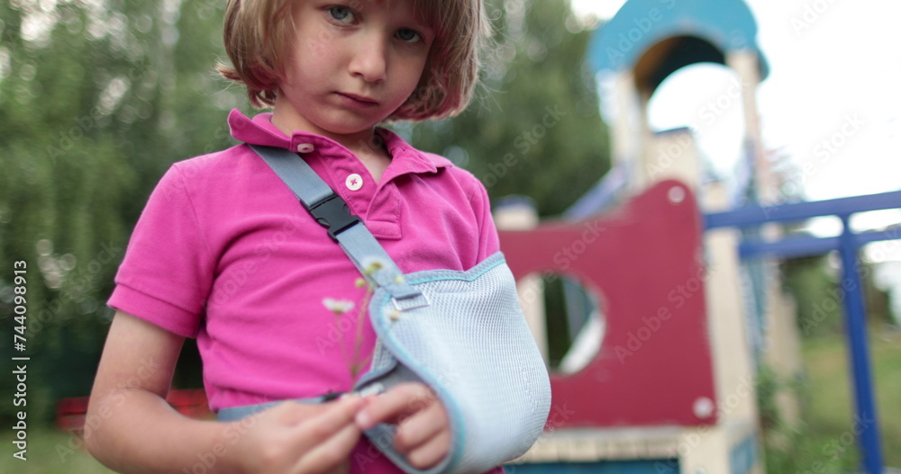 Sad child outdoors with a broken limb small, injured boy. The child has ...