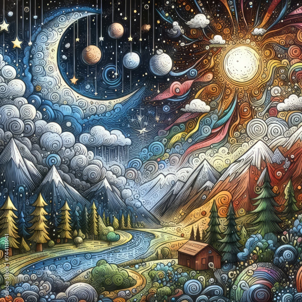 Doodle illustration of the four seasons as a collage of many elements ...