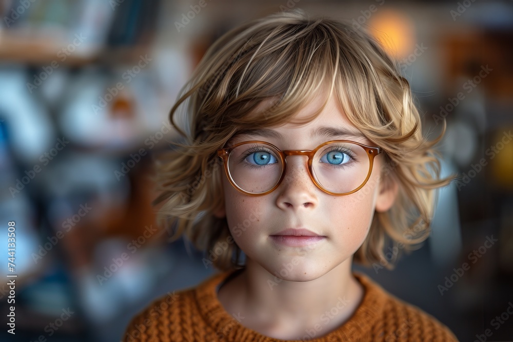 A child smiles wearing glasses against a plain background. Banner, copy ...