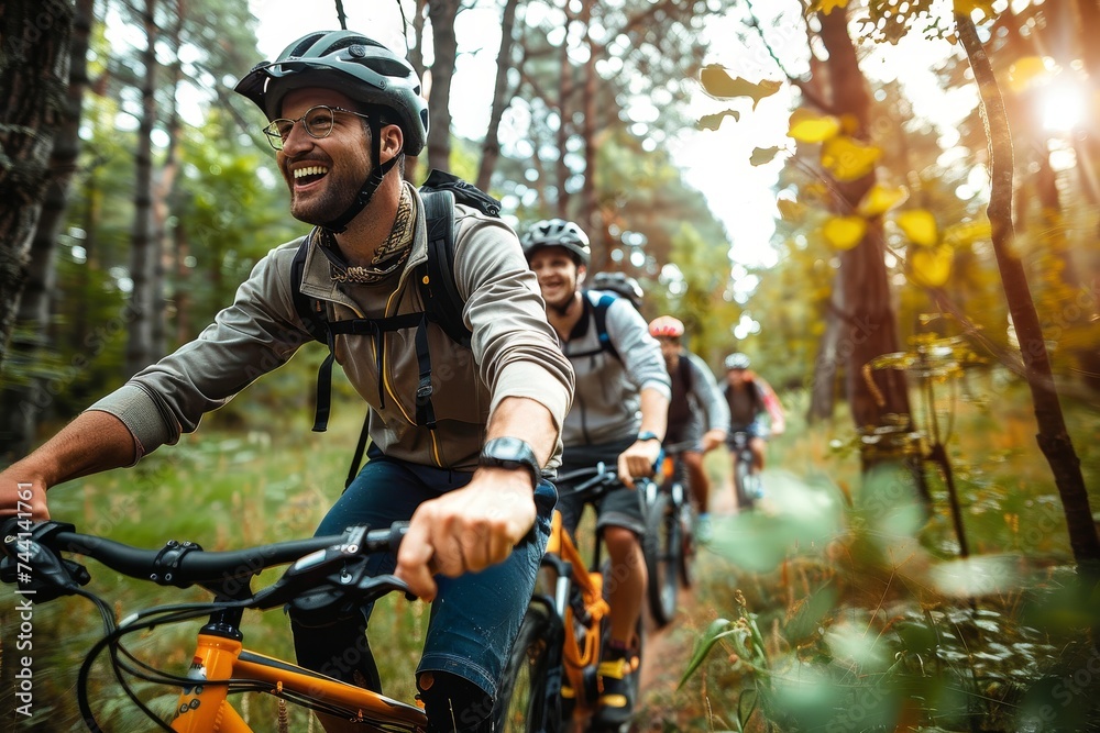 A group of outdoor enthusiasts sporting helmets and cycling through the ...