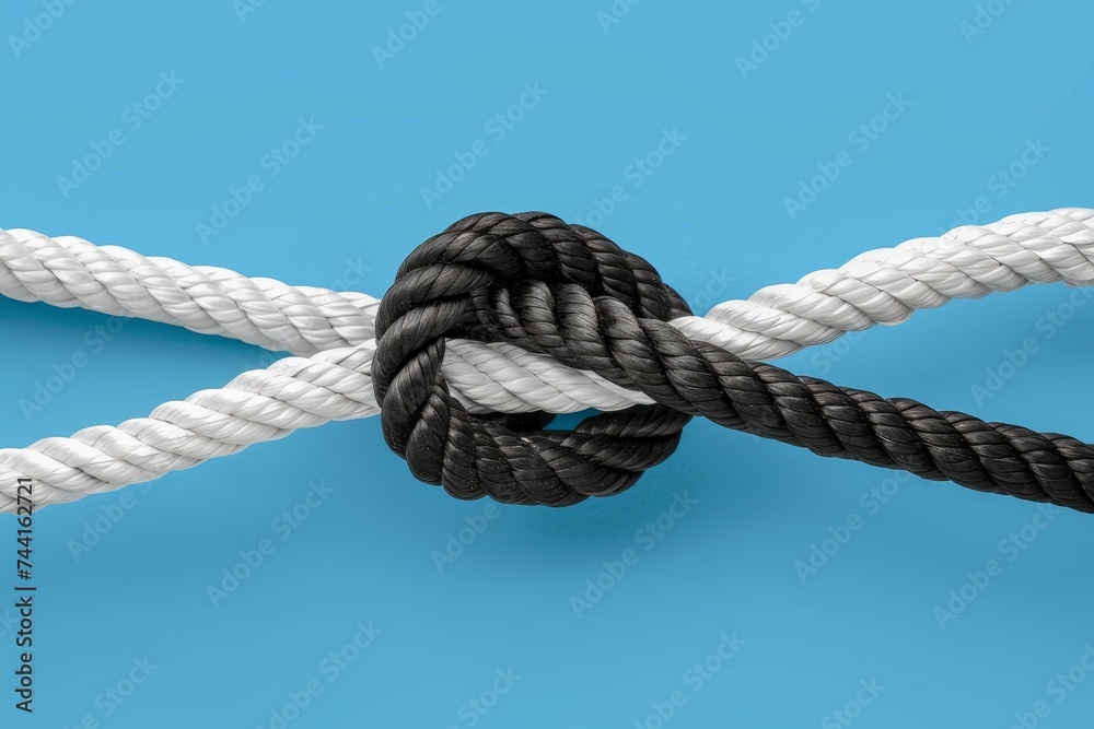 Bound by a knotted rope, the contrast of black and white serves as a ...