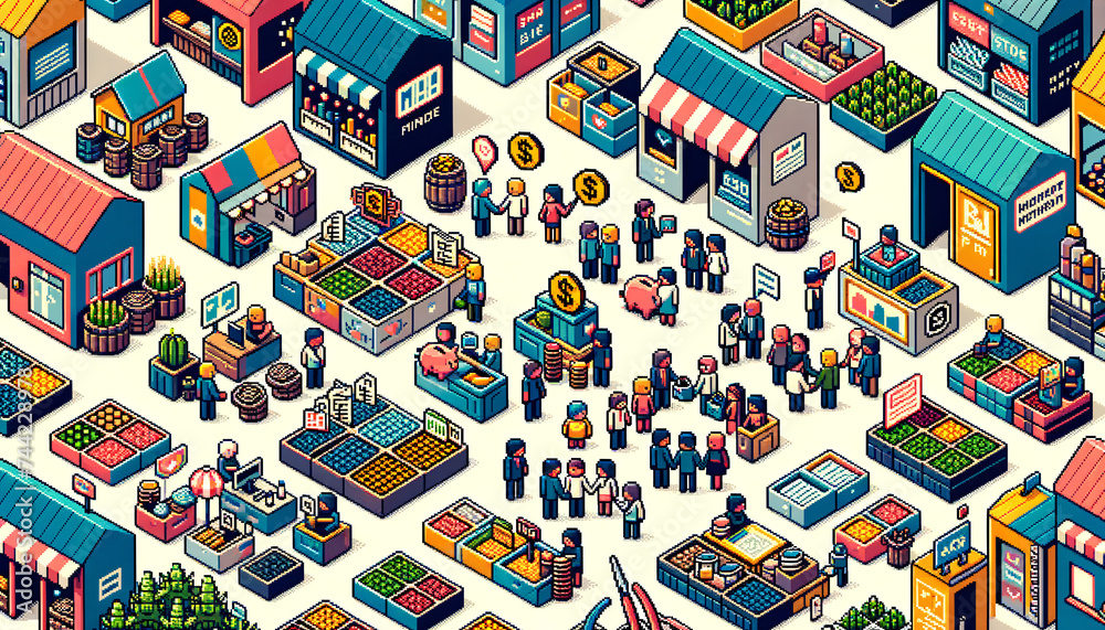 Pixel art microfinance marketplace with diverse characters and retro ...