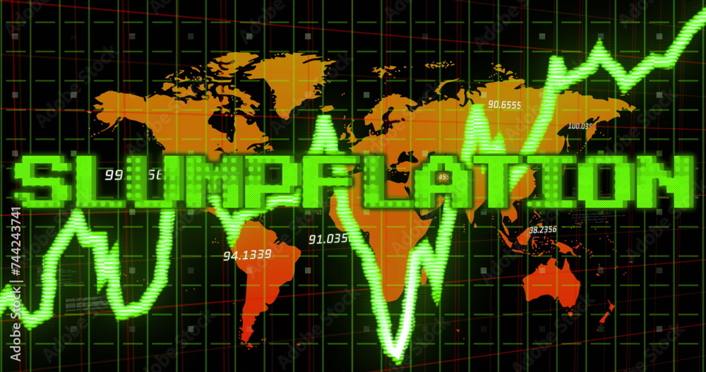 Image of stagflation text in green over graph and orange world map with processing data Stock ...