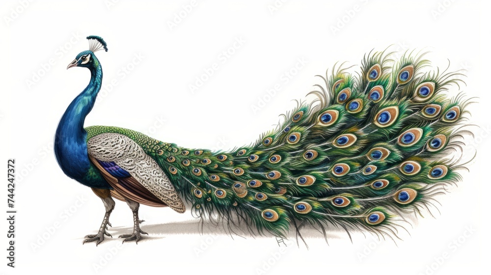 Real peacock illustration, showing its vibrant, detailed plumage ...