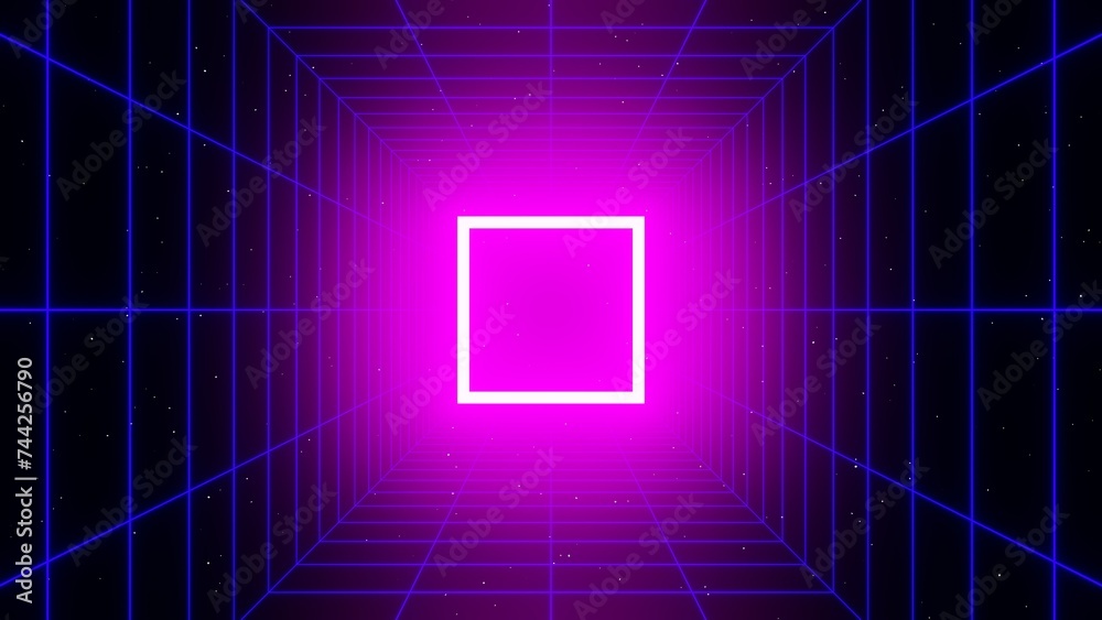 3d retro futuristic pink abstract background. Wireframe neon laser swirl grid cube square tunnel ...