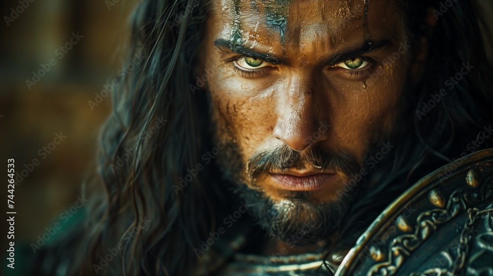 A handsome Romani warrior with green eyes, long black hair, muscular ...