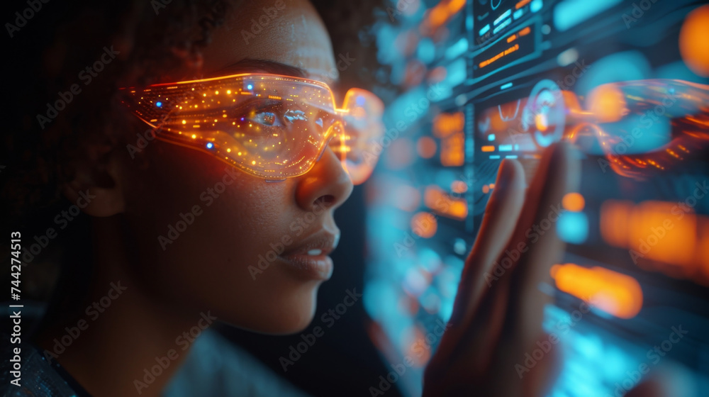 A 3D illustration of a person interacting with a virtual reality ...