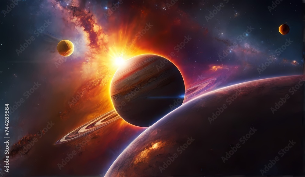 Generative AI planets in distant solar system in space 3D rendering ...