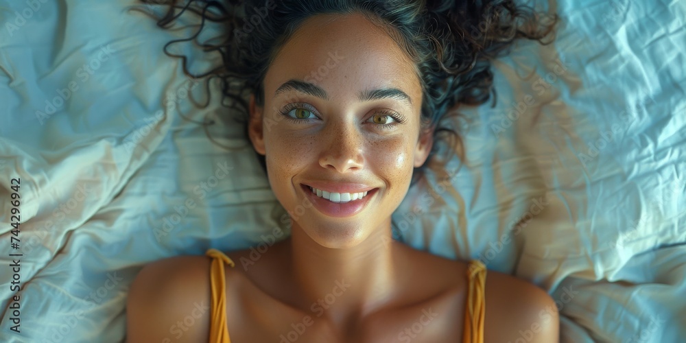 A radiant lady exudes joy and confidence as she reclines indoors, her ...