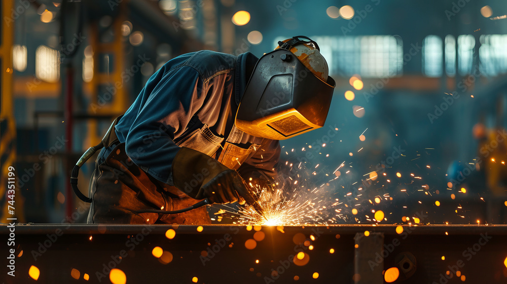 A image of a welder intensely focused on welding a beam at a ...