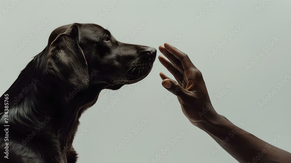 Serene interaction between a human hand and a black dog on neutral ...