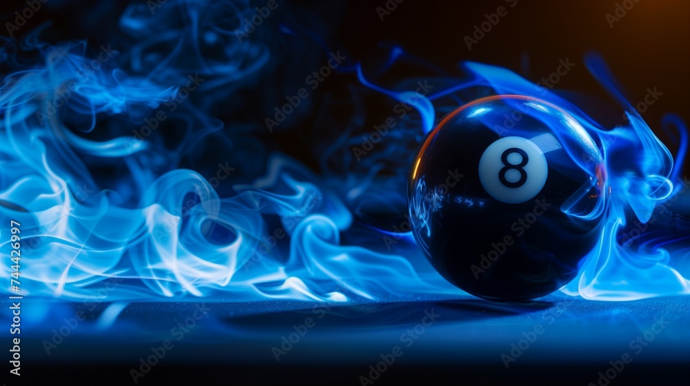 Magic eight ball in blue flames. A striking image featuring a black ...