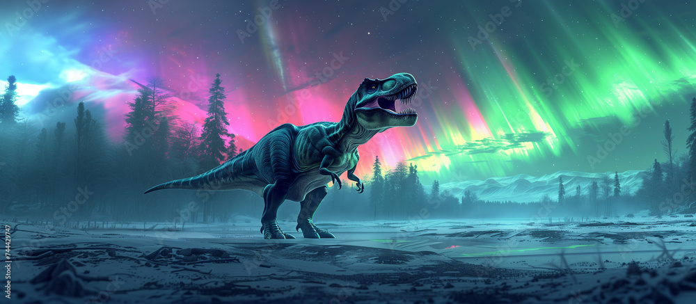 Tyrannosaurus Rex is roaring at the aurora borealis in a frozen ...