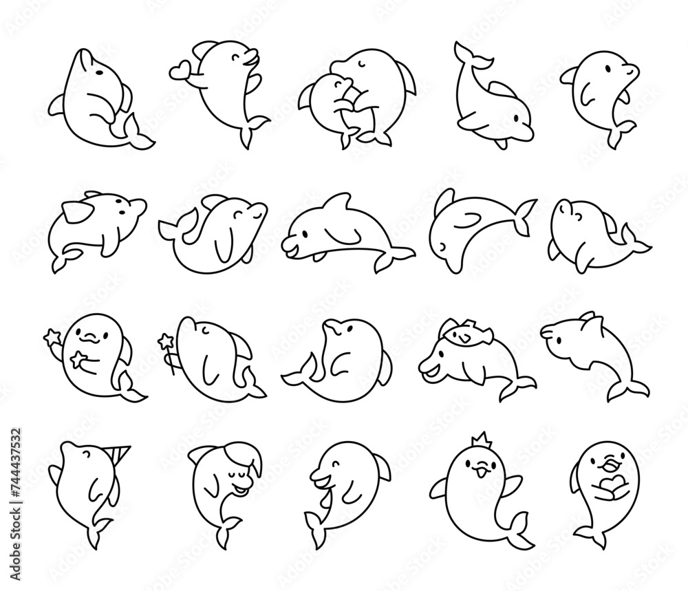 Cute kawaii dolphin in different poses. Coloring Page. Funny cartoon ...