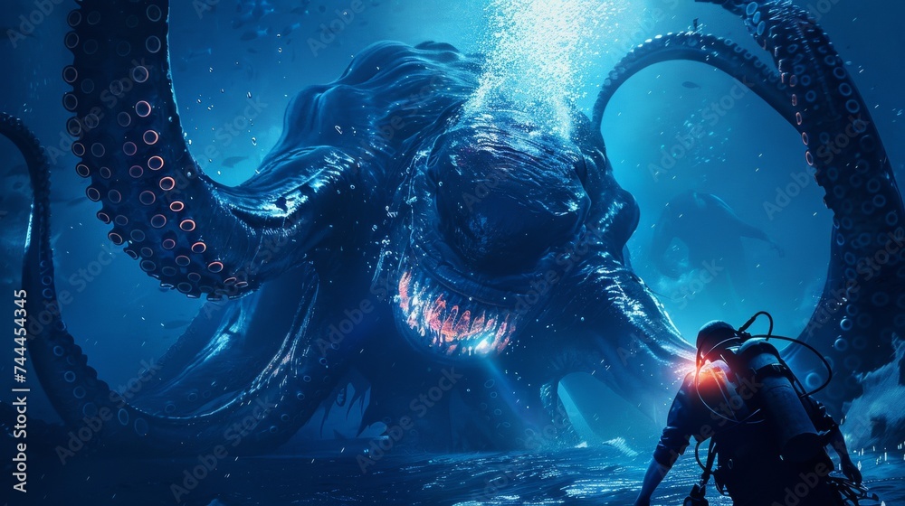 In the ocean's depths, a diver confronts the legendary kraken, a gargantuan sea creature with ...