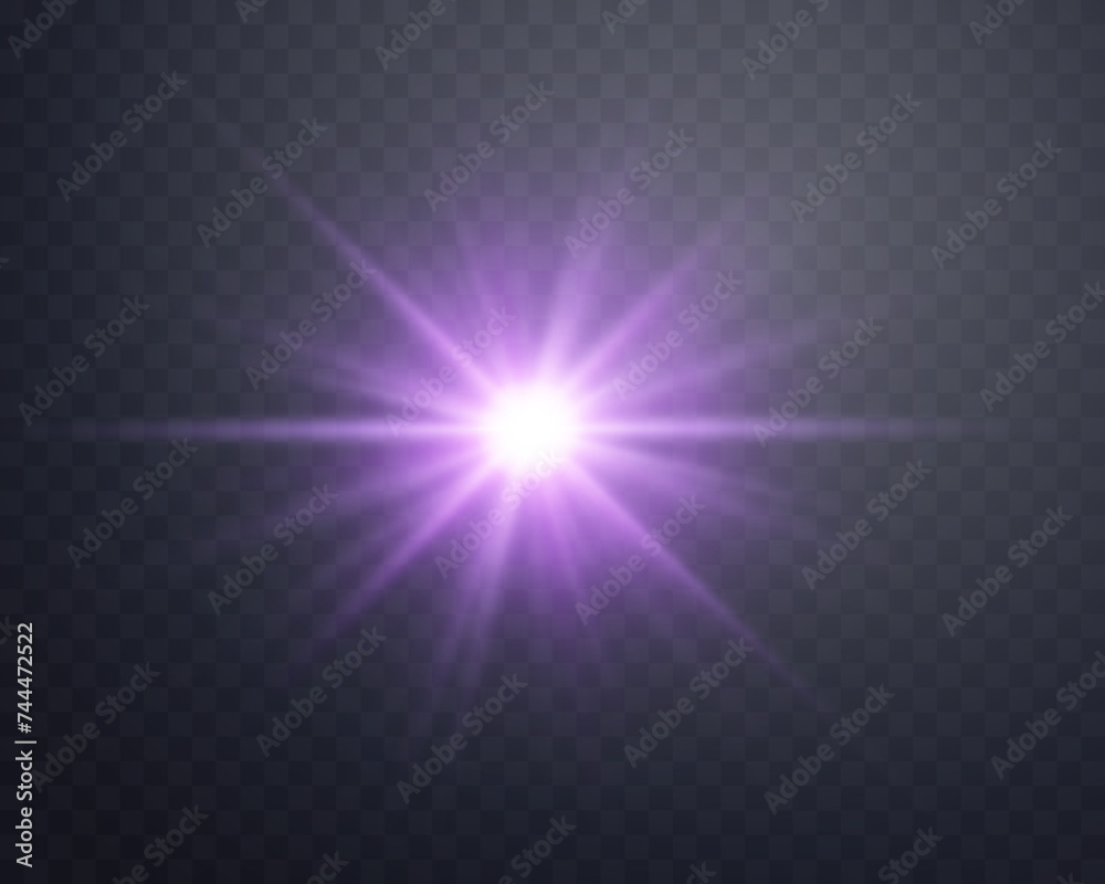 Purple sunlight lens flare, sun flash with rays and spotlight. Glowing ...