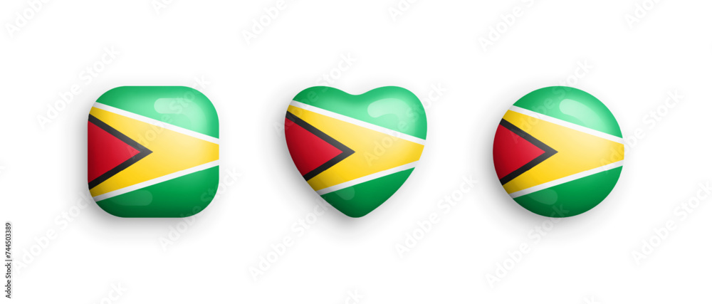 Guyana Official National Flag 3D Vector Glossy Icons In Rounded Square, Heart And Circle Shapes ...