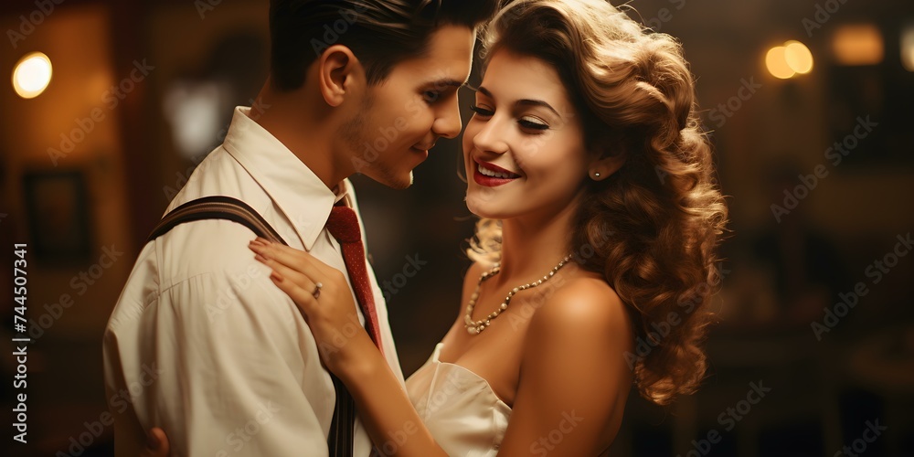 Romantic couple at a retro American fiftiesthemed party dancing and ...