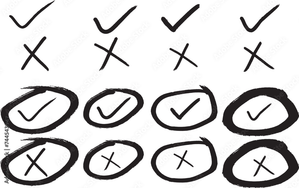 Checklist illustration, hand-drawn checkmarks and x marks, black and white sketch, simple ...