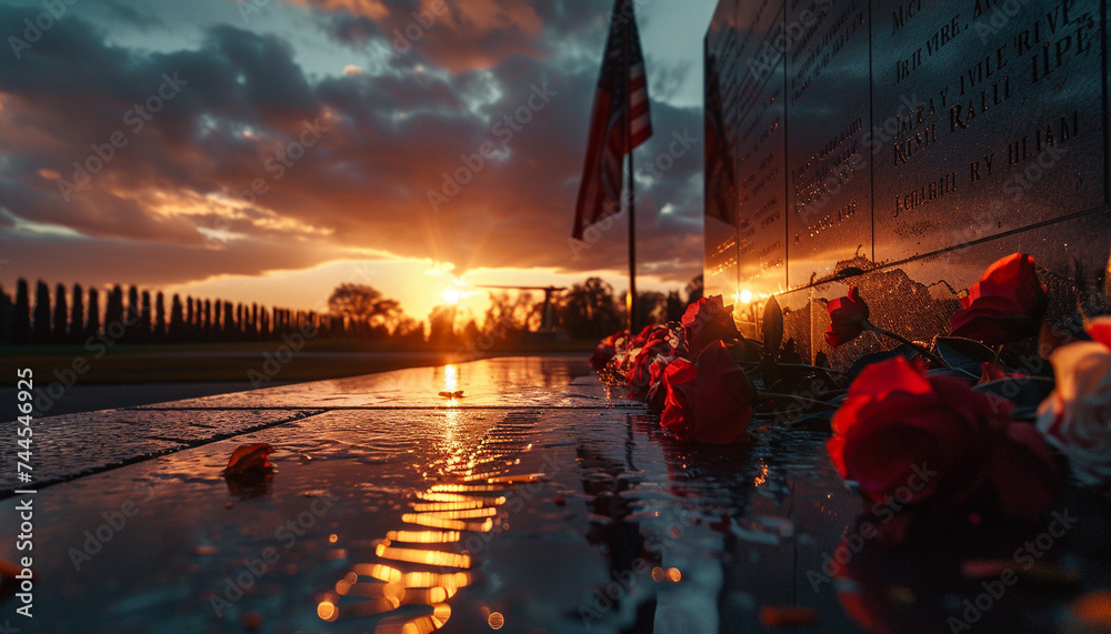 a solemn scene of a war memorial at sunset with names etched in stone ...