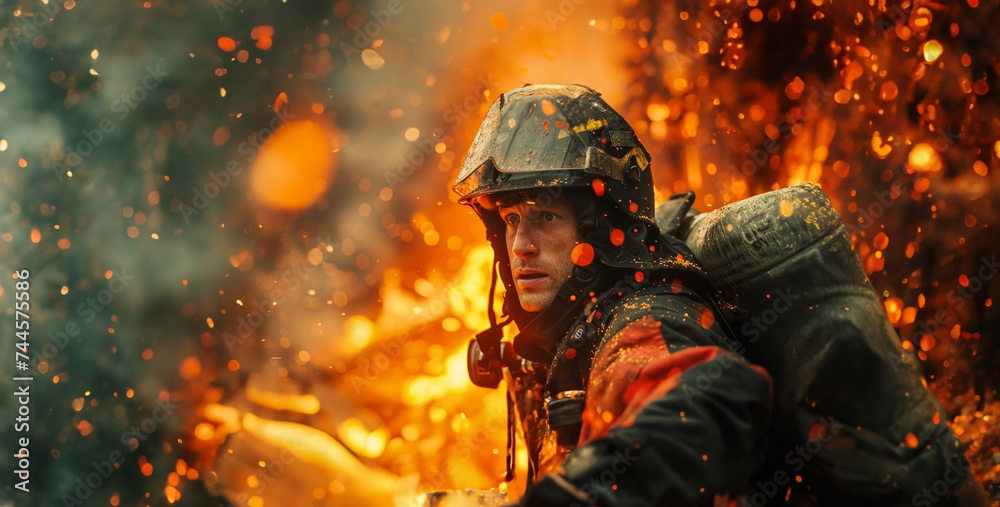 firefighters in action, a firefighter rescuing a trapped victim from a ...