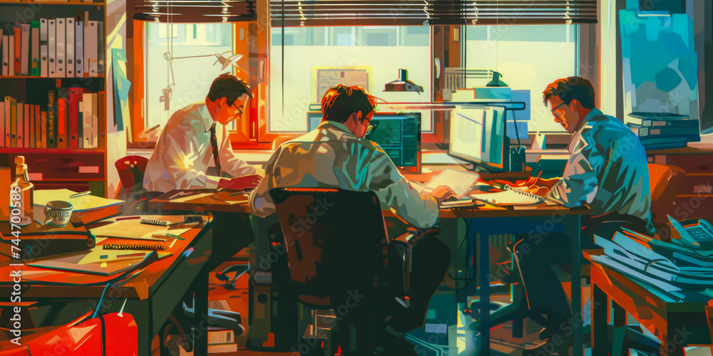 Graphic Illustration Of An Office With Workers And Computers For ...