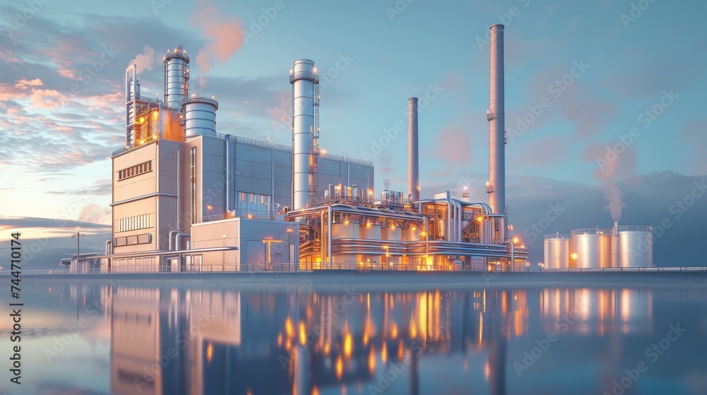 Modern petrochemical plant with intricate piping systems, distillation ...