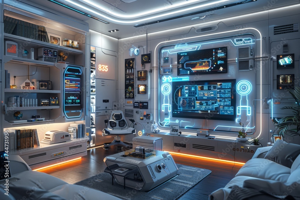 Futuristic smart home interior, minimalist design, with AI assistants ...