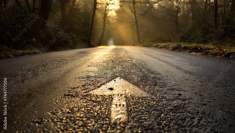 Arrow sign pointing forward on long empty straight road, highway ...