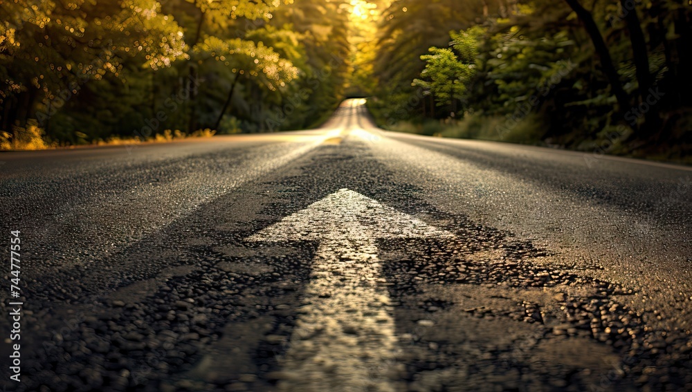 Arrow sign pointing forward on long empty straight road, highway ...