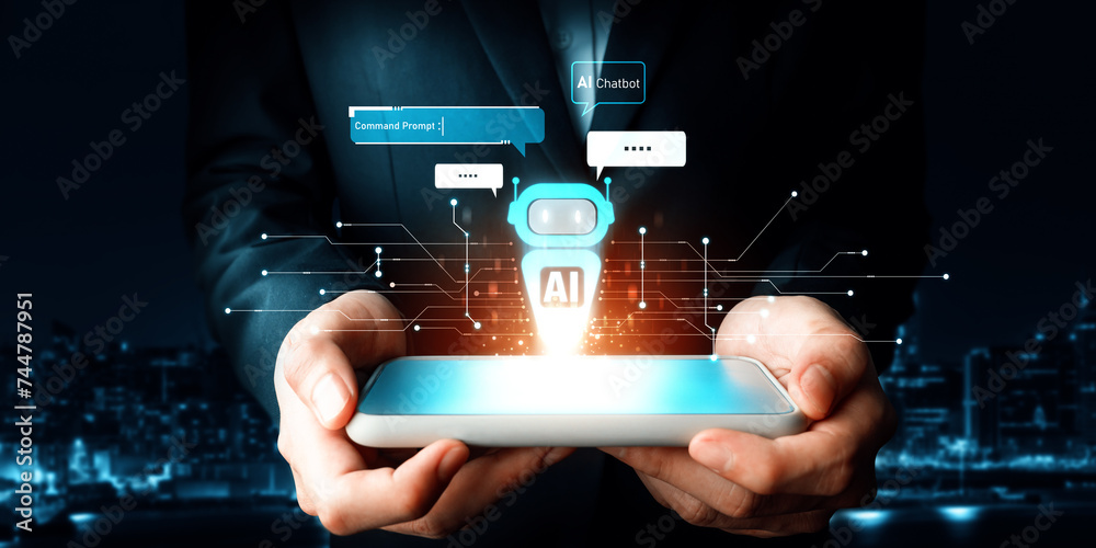Human interact with AI artificial intelligence virtual assistant chatbot in concept of AI ...