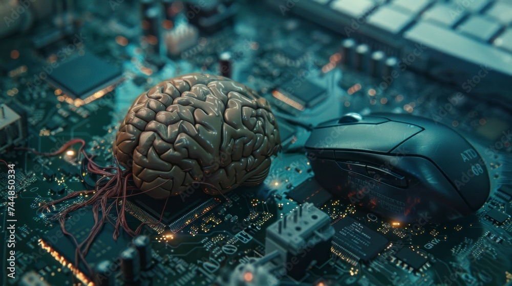 human brain with a chip inside a computer and a mouse and technology in ...