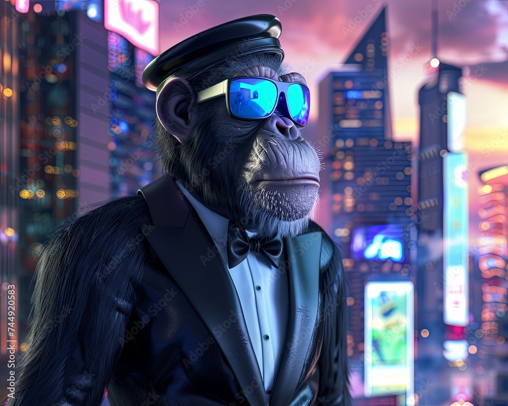 Elegant chimpanzee dressed in a sleek tuxedo, wearing cap and UV ...