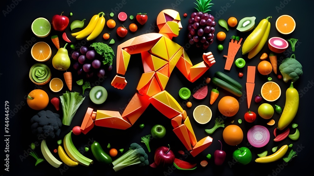 Nourish yourself with healthy foods. Running figure made of fruits and ...