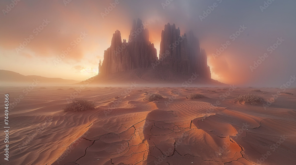 cracked lines of sand and clay leading into jagged desert rock spires ...