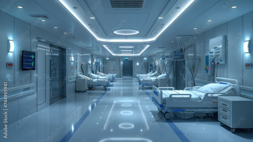 Biometrics, recovery ICU intensive care unit room ward with life ...