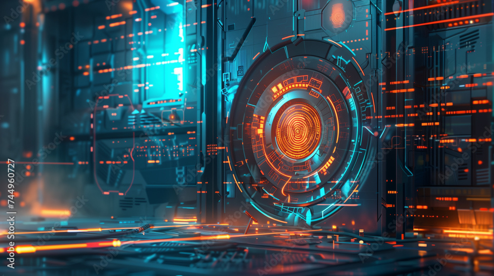 high-security doorway, its lock engaging with a glowing fingerprint ...