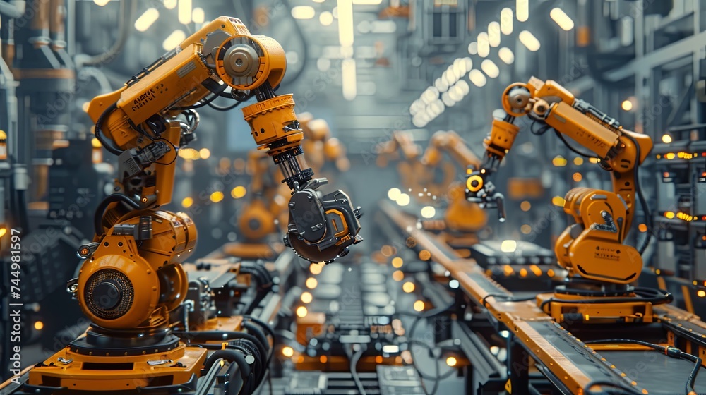 Futuristic industry 4 0 factory floor with robots and IoT devices ...